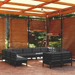 vidaXL 11-Tlg. Garten-Lounge-Set Mit Grauen Kissen Kiefer Massivholz | Farbe: Schwarz