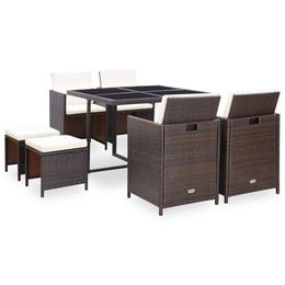 vidaXL 9-Tlg. Garten-Essgruppe Mit Auflagen Poly Rattan | Farbe: Braun | Modell: 4x Sessel + 4x Fußstütze + Tisch