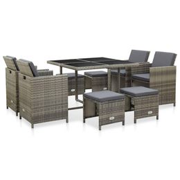 vidaXL 9-Tlg. Garten-Essgruppe Mit Auflagen Poly Rattan | Farbe: Grau | Modell: 4x Sessel + 4x Fußstütze + Tisch