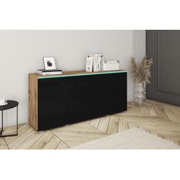 Sideboard Inosign "VERA, grifflos", braun (eichefarben votan, schwarz hochglanz), B:150cm H:67,9cm T:39,5cm, Sideboards, verstellbare Einlegeböden, Wahlweise mit oder ohne Beleuchtung