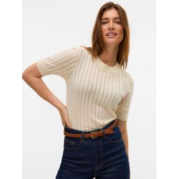 Véro Moda Kurzarmpullover VERO MODA "VMMORENA 2/4 O-NECK PULLOVER GA BOO REP", Damen, Gr. M (38), beige (birch), Strick, Obermaterial: 50% Baumwolle, 50% Modal, unifarben, modisch, sehr figurbetont, Rundhals, Halbarm, Pullover