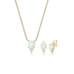 Elli Schmuckset &raquo;Zirkonia Synthetischer Opal Wei&szlig; 925 Sterling Silber vergoldet&laquo; () Gold + wei&szlig; onesize Schmuckset f&uuml;r Damen mit synthetischem Opal...