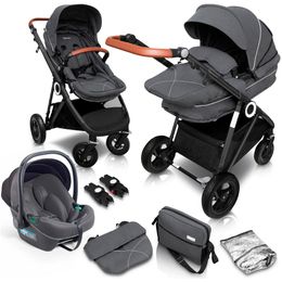 Kombi-Kinderwagen BABYGO "Halime 3in1, grau/schwarz", Baby, grau (grau, schwarz), Kinderwagen, inkl. Babywanne, Babyschale, Regenhaube & Wickeltasche