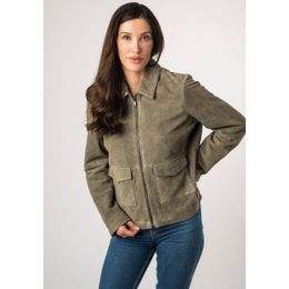 Lederjacke Mauritius "MWYaima", Damen, Gr. XL, grün (light sage), Obermaterial: 100% Schafsleder. Futter: 100% Polyester. Ärmelfutter: 100% Polyester. Futter 2: 92% Polyester, 8% Elasthan, unifarben, modisch, regular fit kurz, Langarm Manschette mit Druckknopf, Jacken, mit Hemdkragen, aufgesetzten Taschen