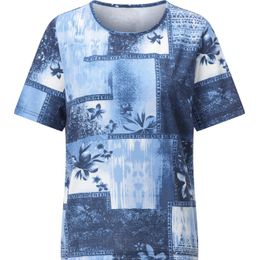 CR&Eacute;ATION L Damen Rundhalsshirt im grafischen Patchwork-Dessin himmelblau-marine-bedruckt Gr&ouml;&szlig;e 38