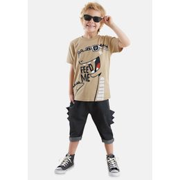 DENOKIDS Jungen Hausanzug "Hungry Dino", Gr. 104, beige, 100% Baumwolle, bedruckt, Homewear-Sets, mit Dino-Aufdruck