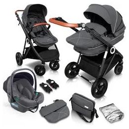 Kombi-Kinderwagen BABYGO "Halime 3in1, grau/schwarz", Baby, grau (grau, schwarz), Kinderwagen, inkl. Babywanne, Babyschale, Regenhaube & Wickeltasche