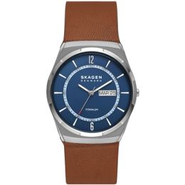 Skagen Herren Quarzuhr "MELBYE TITANIUM", braun, Armbanduhren, Armbanduhr, Herrenuhr, Tag, Datum, analog, Lederarmband, Titan