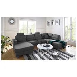 Wohnlandschaft Trendmanufaktur "Chamber, U-Form", grau (dunkelgrau), B:310cm H:85cm T:203cm, Sofas, inklusive zwei Kopfstützen, wahlweise mit Bettfunktion