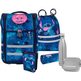 Schulranzen McNeill "Perfecto, Disney, Stitch", Kinder, Gr. B/H/T: 30cm x 38,5cm x 22cm, blau (stitch), Polyester, Rucksäcke, inkl. Federmäppchen, Turnbeutel, Schlamperrolle & Motivmagnet