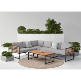 Gartenlounge-Set Konifera "Lamia", schwarz (braun, schwarz), Massivholz, Stahl, Sitzmöbel-Sets, Stahl, Akazienholz, verschiedene Stellmöglichkeiten, Loungeset