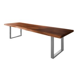 Esstisch Baumkante massiv Akazie nussbaumfarben 350 x 120 U-Gestell Metall silber TITAN