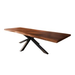Esstisch Baumkante massiv Akazie nussbaumfarben 350 x 120 Spider-Gestell Metall schwarz TITAN