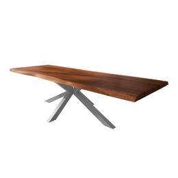 Esstisch Baumkante massiv Akazie nussbaumfarben 350 x 120 Spider-Gestell Metall silber TITAN