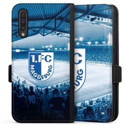 DeinDesign Galaxy A50 Handy Klapph&uuml;lle Handyh&uuml;lle aus Kunst Leder schwarz Flip Case Stadium 1. Fcm 1. Fc Magdeburg Sideflip mit Lasche