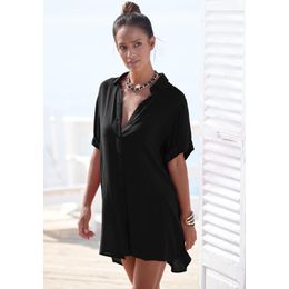 Longbluse Lascana, Damen, Gr. 34, schwarz, Cru00eape, Obermaterial: 100% Viskose, unifarben, casual, figurumspielend kurz, Kurzarm mit Aufschlag, Blusen, mit Knopfleiste, Kurzarmbluse, Blusenkleid, sommerlich