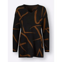 WITT Damen Longpullover mit Seitenschlitzen, schwarz-cognac-gemustert, Gr&ouml;&szlig;e 38