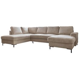 Mid.you Wohnlandschaft , Beige , Textil , 8-Sitzer , Ottomane links, U-Form , 303x197 cm , Made in EU , Liegefunktion, Rücken echt , Wohnzimmer, Sofas