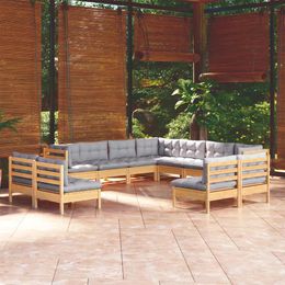 vidaXL 11-Tlg. Garten-Lounge-Set Mit Grauen Kissen Massivholz Kiefer | Farbe: Braun und Grau