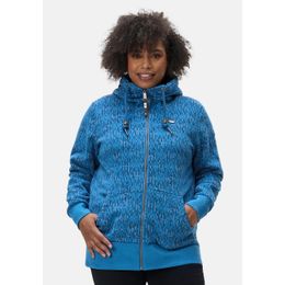 Sweatjacke Ragwear "Neska Print Zip Plus", Damen, Gr. 44, blau, Sweatware, Obermaterial: 70% Baumwolle, 30% Polyester, gerade hüftbedeckend, hoch geschlossener Ausschnitt, Ärmel ohne Ärmelschlitz Rippbündchen, Sweatjacken, Cooler Damen Zip-Hoodie mit Kapuze und Print