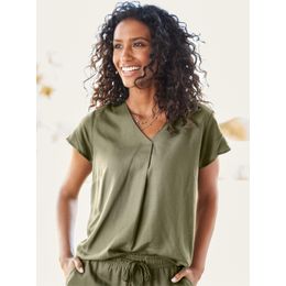 Heine Witt Damen Kurzarm-Bluse mit Leinen-Anteil, khaki, Gr&ouml;&szlig;e 50