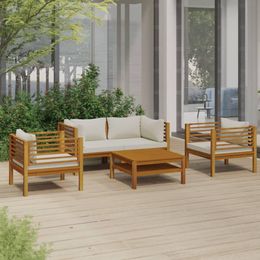 vidaXL 6-Tlg. Garten-Lounge-Set Mit Auflage Massivholz Akazie | Farbe: Creme | Modell: 2x Eckteil + 2x Sessel + Tisch