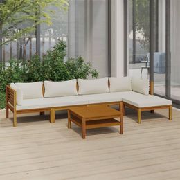 vidaXL 6-Tlg. Garten-Lounge-Set Mit Auflage Massivholz Akazie | Farbe: Creme | Modell: 2x Eckteil + 2x Mittelteil + Fußstütze + Tisch