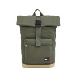 Freizeitrucksack Tommy Jeans "TJM ESS DAILY ROLLTOP BACKPACK", Gr. B/H/T: 39cm x 42cm x 13cm, grün (khaki), Textil, casual, Rucksäcke, Men Travelbag, Cityrucksack mit kontrastfarbigem Boden