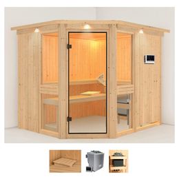 Sauna Karibu "Aline 3", beige (naturbelassen), Bio-Kombiofen, externe Steuerung, 9 kW, Saunen, 9-kW-Bio-Ofen mit externer Steuerung