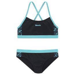 Bustier-Bikini Bench., Kinder, Gr. 122/128, N-Gr, schwarz (schwarz, blau), Polyamid, unifarben mit Farbeinsatz, Bikini-Sets, mit geometrische bedruckten Einsätzen