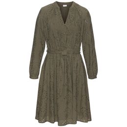 Blusenkleid Lascana, Damen, Gr. 34, N-Gr, grün (khaki), Web, Obermaterial: 100% Baumwolle. Futter: 100% Baumwolle, unifarben, bestickt, modisch, figurumspielend bodenlang, tiefer V-Ausschnitt, Langarm 1-Knopf-Manschette, Kleider, Mit Allover Lochstickerei