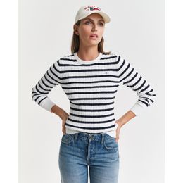 Rundhalspullover Gant "STRETCH COTTON CABLE STRIPE C-NECK", Damen, Gr. L, weiß (eggshell), Strick, Obermaterial: 88% Baumwolle, 10% Polyamid, 2% Elasthan, casual, slim fit, Rundhals, Langarm Rippbündchen, Pullover