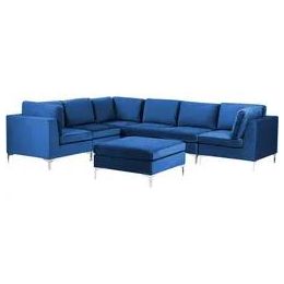 Beliani Ecksofa mit Ottomane EVJA Samtstoff Marineblau Rechtsseitig