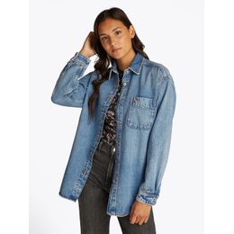 Hemdbluse Tommy Jeans "RELAXED LS SHIRT BI6011", Damen, Gr. L (40), blau (denim light), Denim/Jeans, Obermaterial: 54% Baumwolle, 46% Lyocell, unifarben, casual, relaxed fit lang, Langarm 1-Knopf-Manschette, Blusen, mit Brusttasche, in blauer Waschung Overshirt Jeansjacke