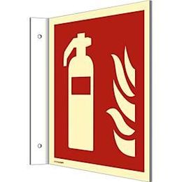 moedel Fahnenschild "Feuerlöscher", nach DIN EN ISO 7010 F001, Kunststoff, langnachleuchtend, B 200 x H 200 mm