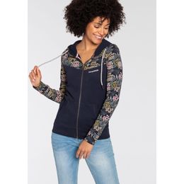 Kapuzensweatjacke Kangaroos, Damen, Gr. 32/34 (XS), bunt (marine, bunt), Interlock, Obermaterial: 100% Baumwolle. Kapuzenfutter: 100% Baumwolle, bedruckt, geblümt, Casual, figurbetont hüftbedeckend, angesetztes Bündchen, Sweatjacken, mit Blumenprint