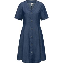 Sommerkleid Ragwear "Kveeda Denim", Damen, Gr. L (40), Normalgrößen, blau (denim), Material: 60% Baumwolle, 40% Viskose, feminin, A-Linie ca. Mitte Oberschenkel, V-Ausschnitt, Kurzarm Ärmel ohne Ärmelschlitz abgesteppte Kante, Kleider, Sommerliches Minikleid mit Schleife am Rücken