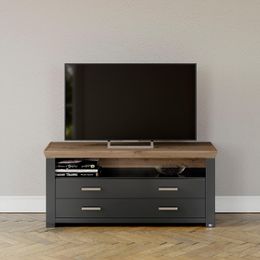 Lowboard, B:140cm H:63cm T:51cm, grau, SET ONE BY Musterring, MDF, Wohnzimmer, Sideboards, "York", Typ 32, mit 4 Schubkästen, Beleuchtung optional,
