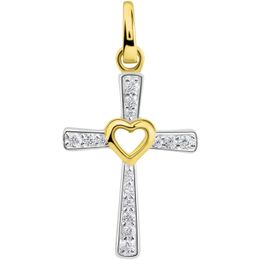 Firetti Damen Kreuzanhänger "Schmuck Geschenk Gold 375 Halsschmuck Anhänger Kreuz mit Herz", Gelbgold 375, 1,3 g, gold, Gelbgold 375,