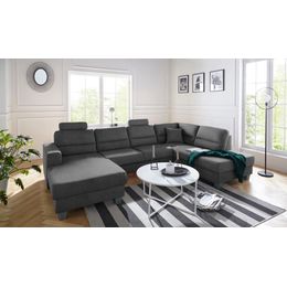 Wohnlandschaft Trendmanufaktur, B:310cm H:85cm T:203cm, grau, Sofas, "Chamber, U-Form", inklusive zwei Kopfstützen, wahlweise mit Bettfunktion