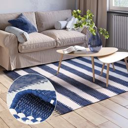 Teppich, B:140cm H:10mm L:200cm, blau, MyFlair M&Ouml;BEL & ACCESSOIRES, Baumwolle, Polyester, Wohnzimmer, Teppiche, "Karim", Handweb Teppich, gestreift,