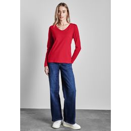 Street One Damen Langarmshirt, rot, Gr. 46, unifarben, Web, 100% Baumwolle, Shirts, mit abgerundetem V-Ausschnitt