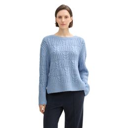 Tom Tailor Damen Strickpullover, blau, Gr. XXXL, unifarben, Strick, Obermaterial: 55% Baumwolle, 25% Polyacryl, 20% Wolle, Pullover, mit Zopfmuster
