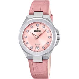 Festina Damen Quarzuhr "Mademoiselle", rosa, Armbanduhren, Armbanduhr, Damenuhr, Lederarmband, analog, Tag, Zirkonia (synth.)