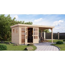 Gartenhaus Karibu, beige, Holzwerkstoff, Gartenhäuser, "Langesee 3,5 mit Anbaudach", aus hochwertiger nordischer Fichte mit wasserabweisender