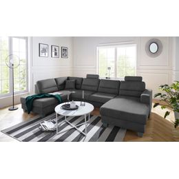 Wohnlandschaft Trendmanufaktur, B:310cm H:85cm T:203cm, grau, Sofas, "Chamber, U-Form", inklusive zwei Kopfstützen, wahlweise mit Bettfunktion