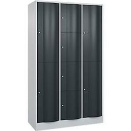 C+P Kombi-Schließfachschrank Resisto, 3 Abteile, 8 Fächer, B 1148 x T 540 x H 1950 mm, Lichtgrau/Anthrazitgrau