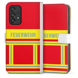 DeinDesign Galaxy A33 5G Handy Klapph&uuml;lle Handyh&uuml;lle aus Kunst Leder wei&szlig; Flip Case Fire Fighters Fire Fighter Life Saver Sideflip mit Lasche