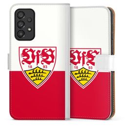 DeinDesign Galaxy A33 5G Handy Klapph&uuml;lle Handyh&uuml;lle aus Kunst Leder wei&szlig; Flip Case Vfb Stuttgart Official Licensed Product Logo Sideflip mit Lasche