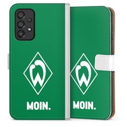 DeinDesign Galaxy A33 5G Handy Klapph&uuml;lle Handyh&uuml;lle aus Kunst Leder wei&szlig; Flip Case Moin Official Licensed Product Sv Werder Bremen Sideflip mit Lasche